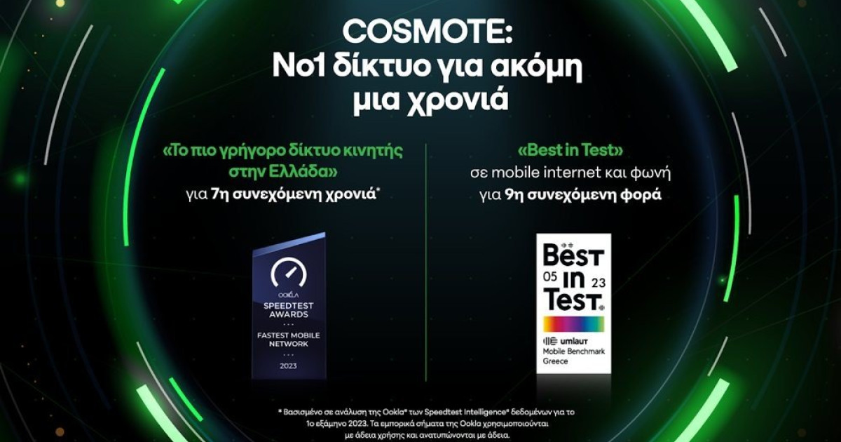COSMOTE: Το δίκτυο της στη Νο1 θέση για μια ακόμη χρονιά