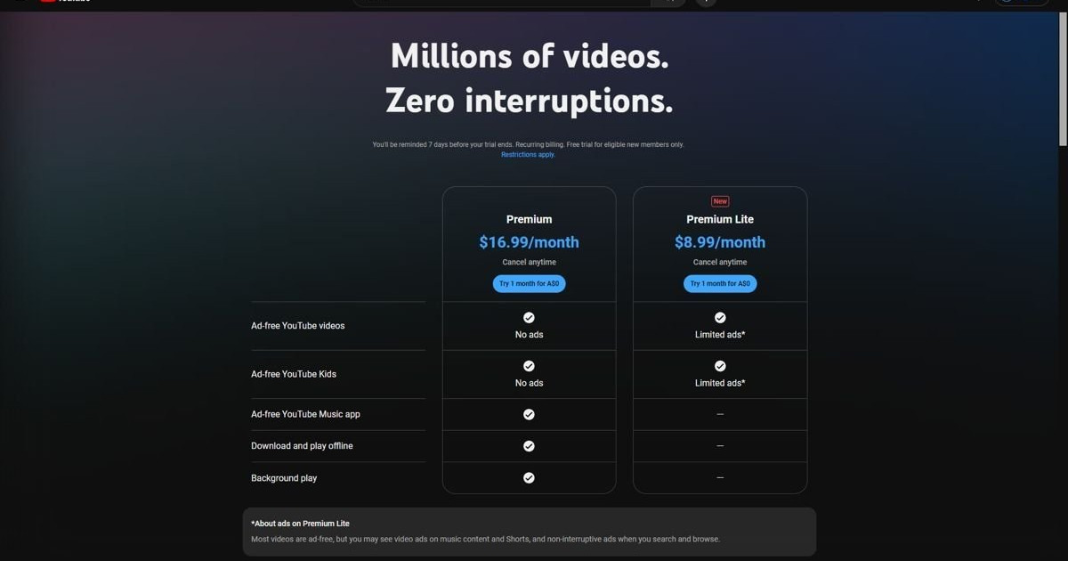 YouTube Premium Lite: Δοκιμάζεται ξανά το φθηνότερο πακέτο συνδρομής